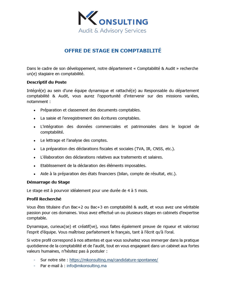 Offre de Stage en Comptabilité: Descriptif Du Poste | PDF