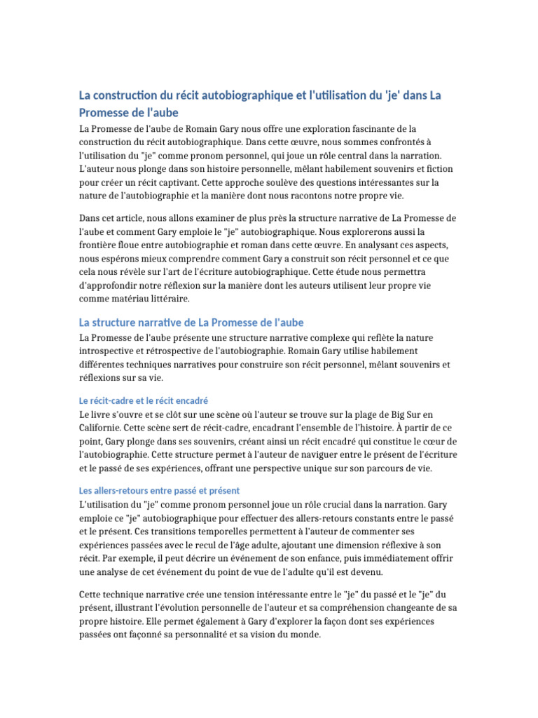 La Construction Du Récit Autobiographique Et L'utilisation Du 'Je' Dans ...
