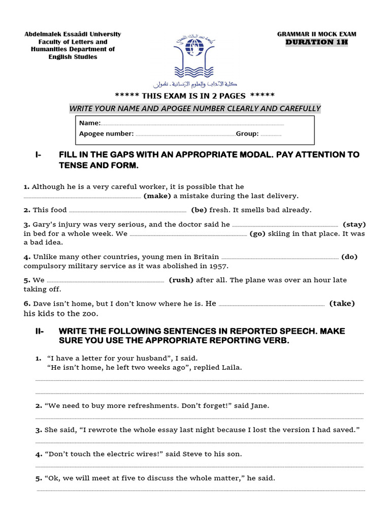 s2 Grammar II Mock Exam | PDF