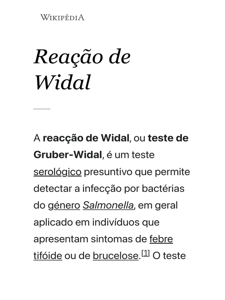 Reação de Widal - Wikipédia, A Enciclopédia Livre | PDF