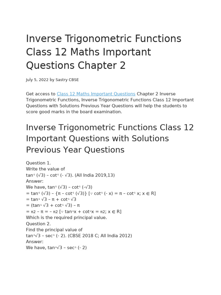 Inverse Trignometry Pyq 1 | PDF
