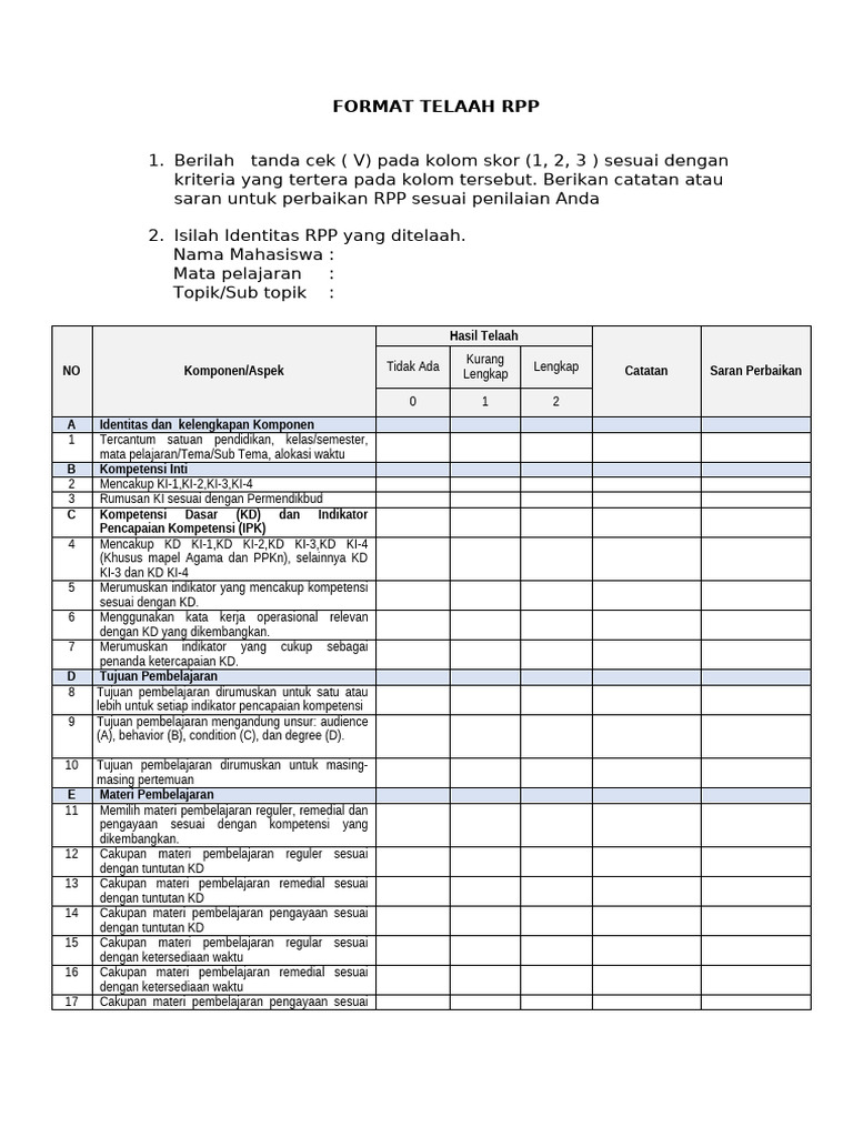 Instrumen - Telaah - RPP Kelas Rabu | PDF