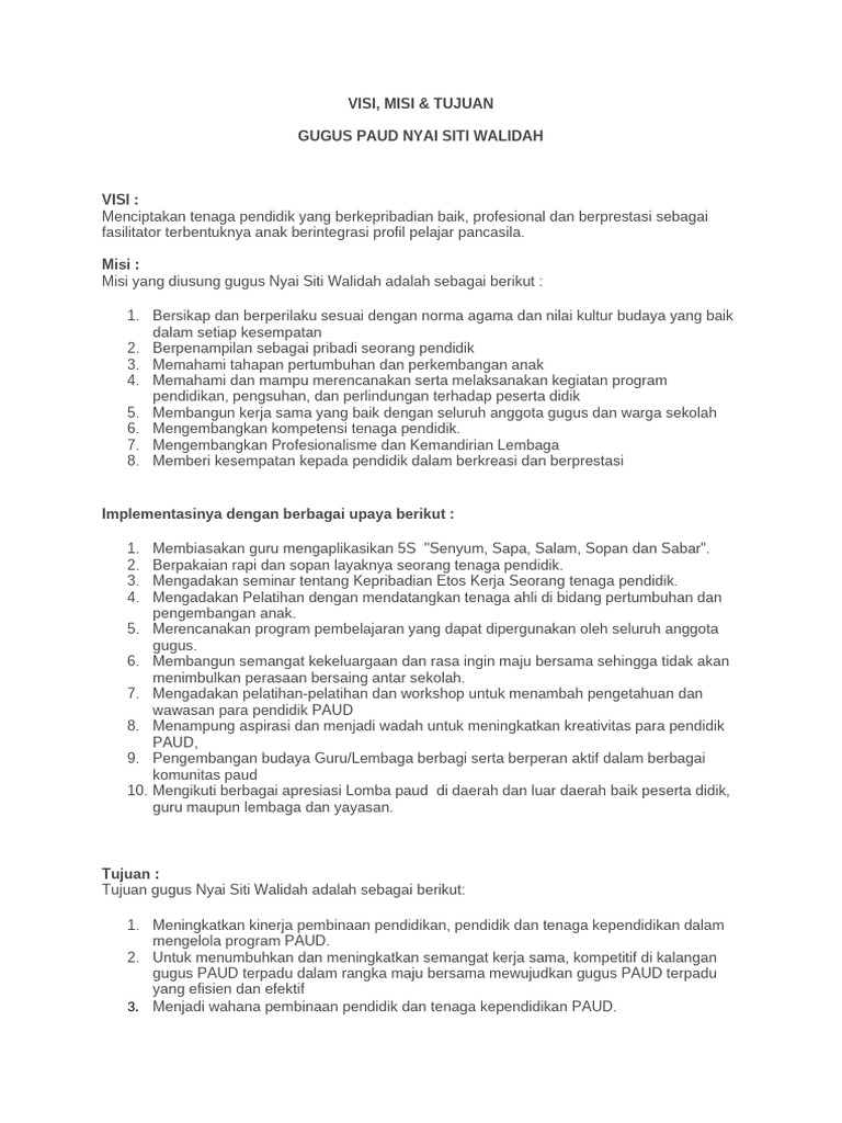 Visi, Misi & Tujuan Gugus Siti Walidah | PDF