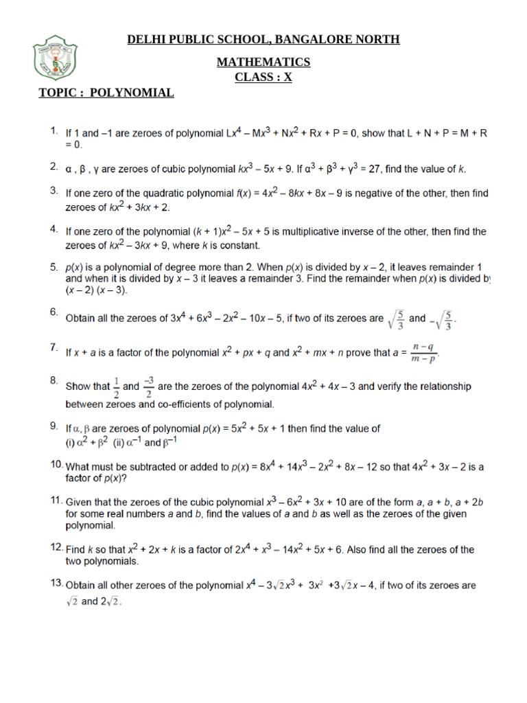 7223 Polynomial Worksheet Class 10 | PDF