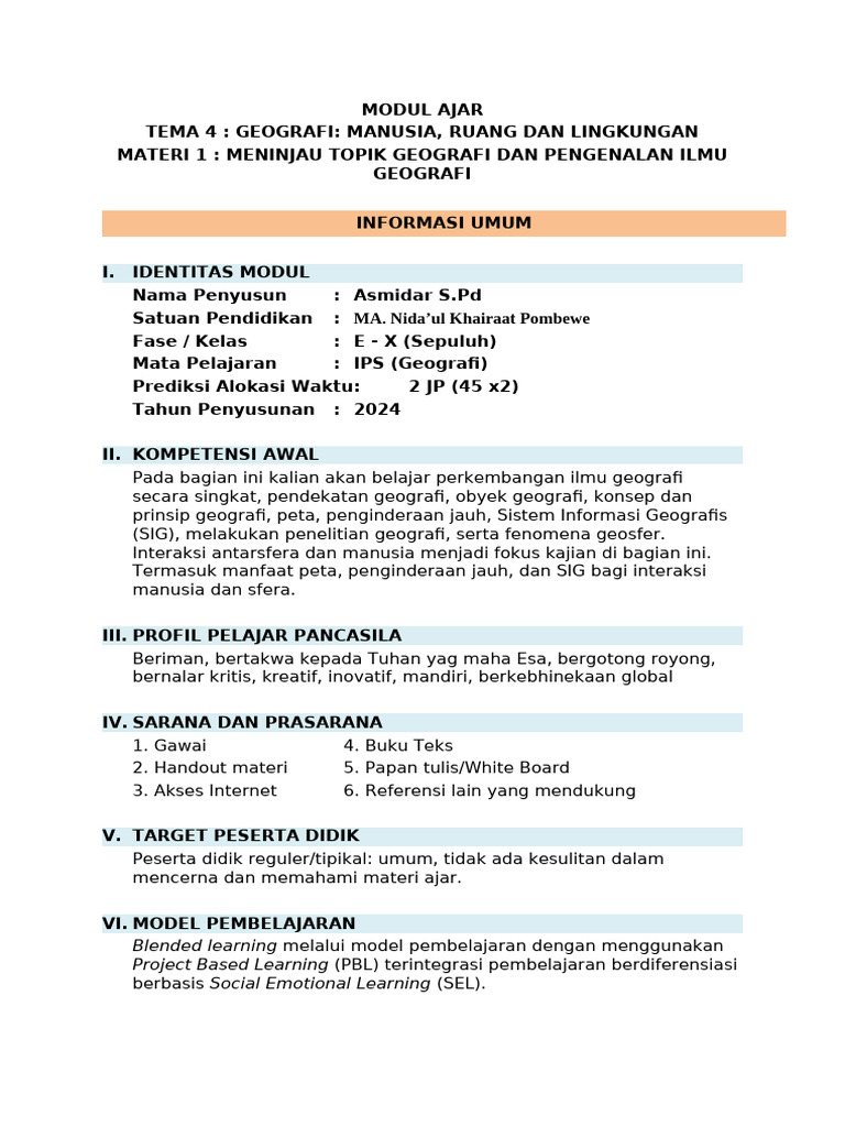 Modul Ajar Geogfafi Semester Ganjil Kelas X | PDF