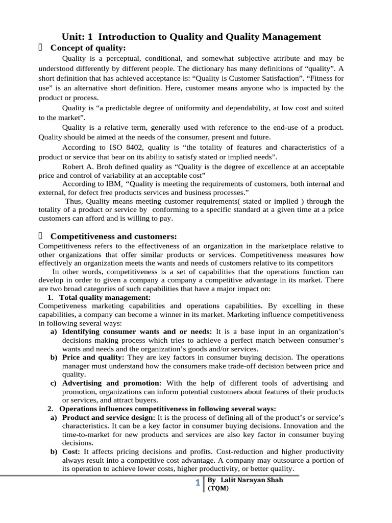 Introduction to Quality Management Concepts | PDF | Quality (Business) | Lean Manufacturing