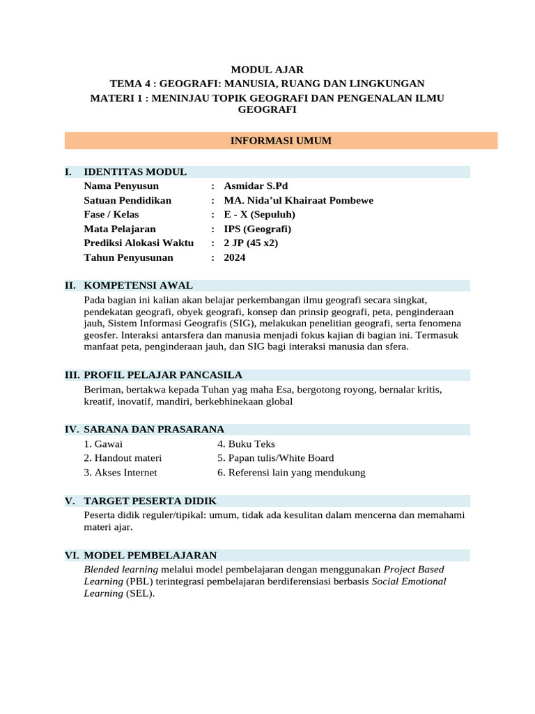 Modul Ajar Geogfafi Semester Ganjil Kelas X | PDF