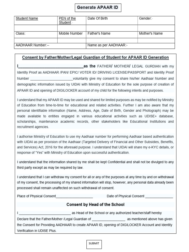 Consent Letter Format For Generate APAAR ID | PDF