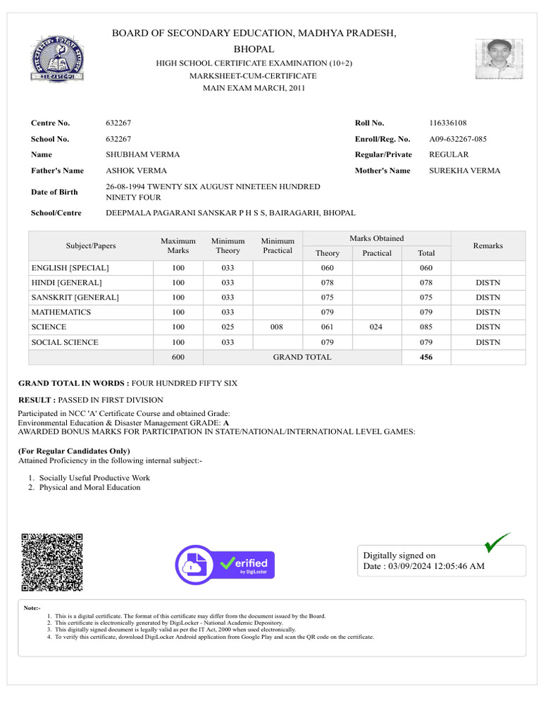 In Nic mpbse-SSCER-116336108XX2011 | PDF | Qualifications | Educational ...