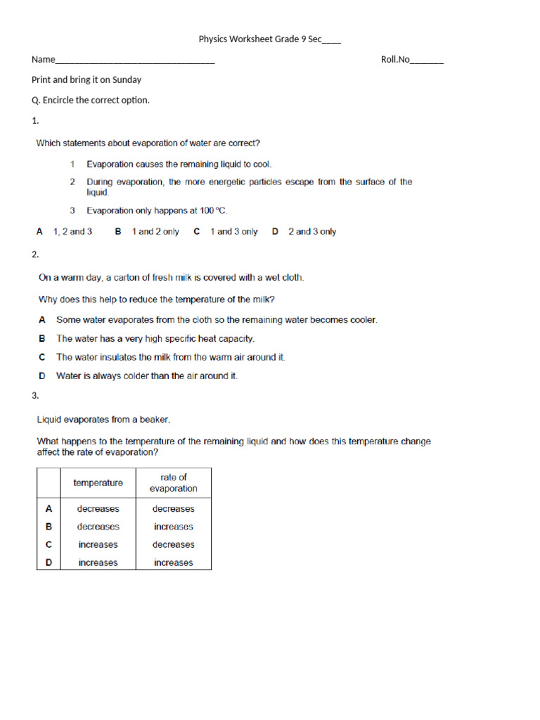 Physics Worksheet Grade 9 Sec | PDF | Teaching Methods & Materials ...
