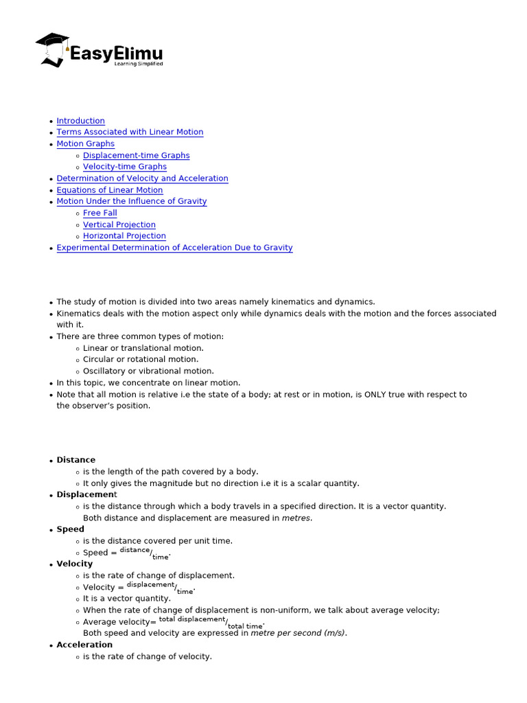 Linear Motion Easy Elimu | PDF