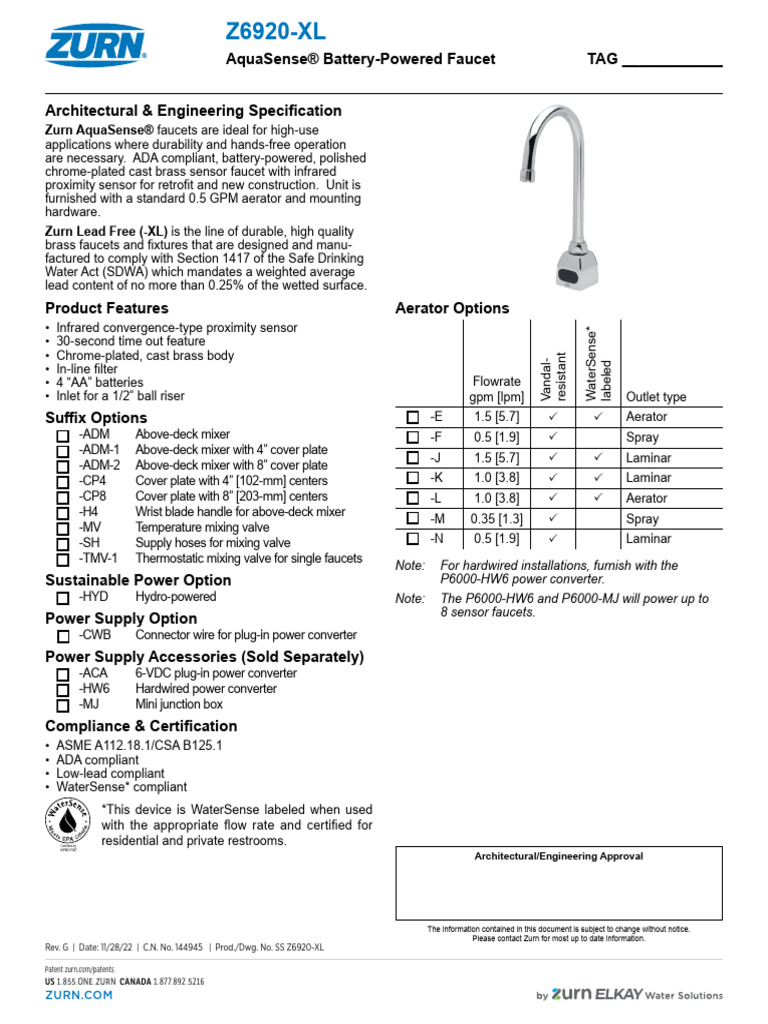 Architectural & Engineering Specification: Aquasense® Battery-Powered ...