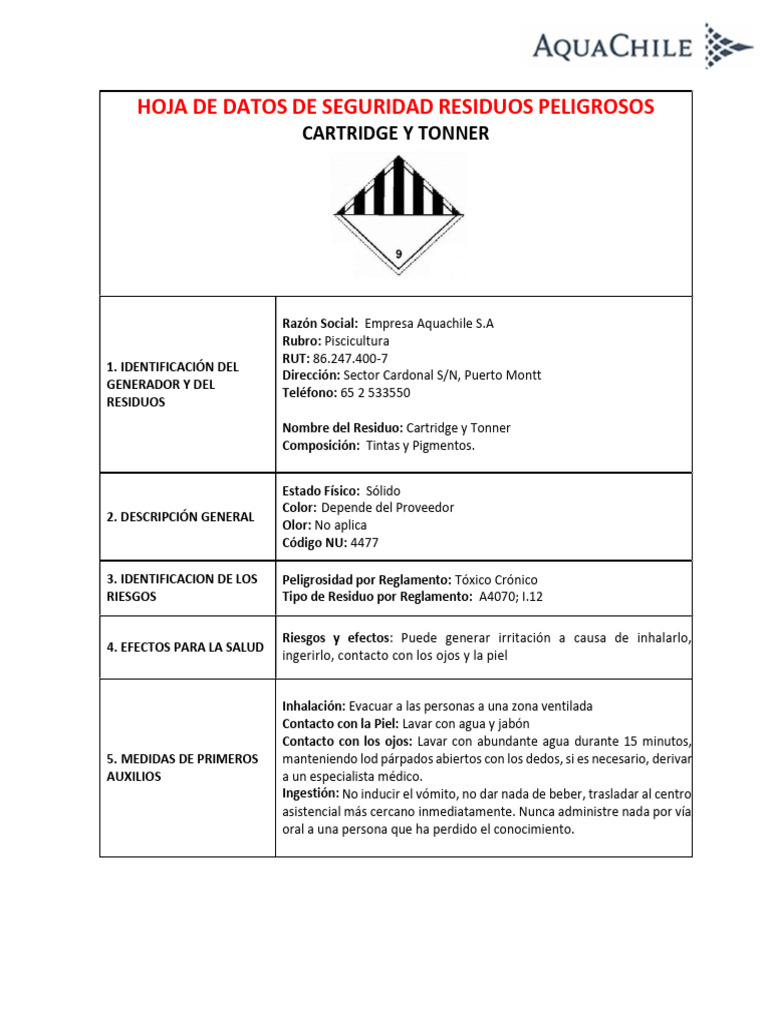 Hoja de Datos de Seguridad Tonner y Cartridge | PDF