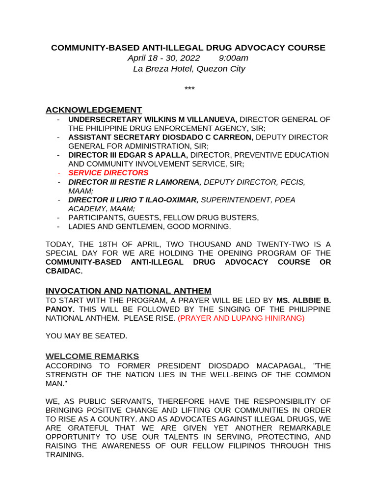 Spiel For The Opening Ceremony of Cbaidac Batch 2 | PDF