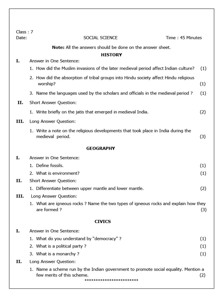 Class7 Social Science Social Science Previous Year Question Paper 6 ...