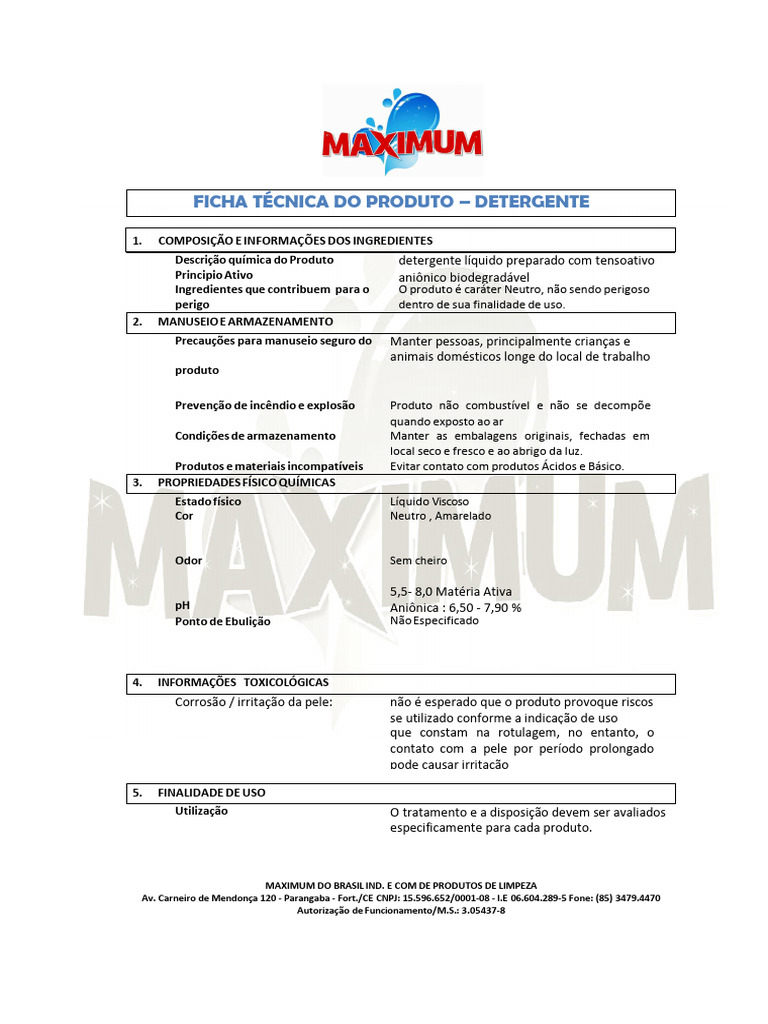 FICHA TÉCNICA DO PRODUTO - DETERGENTE | PDF