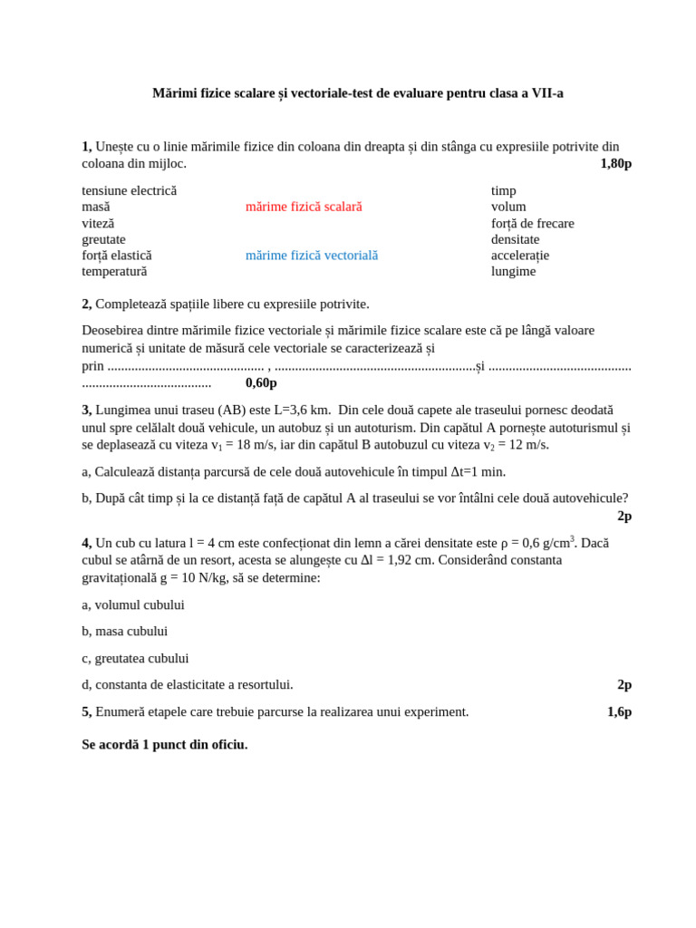 Marimi Fizice Scalare Si Vectorialetest Pentru Clasa A Viia | PDF