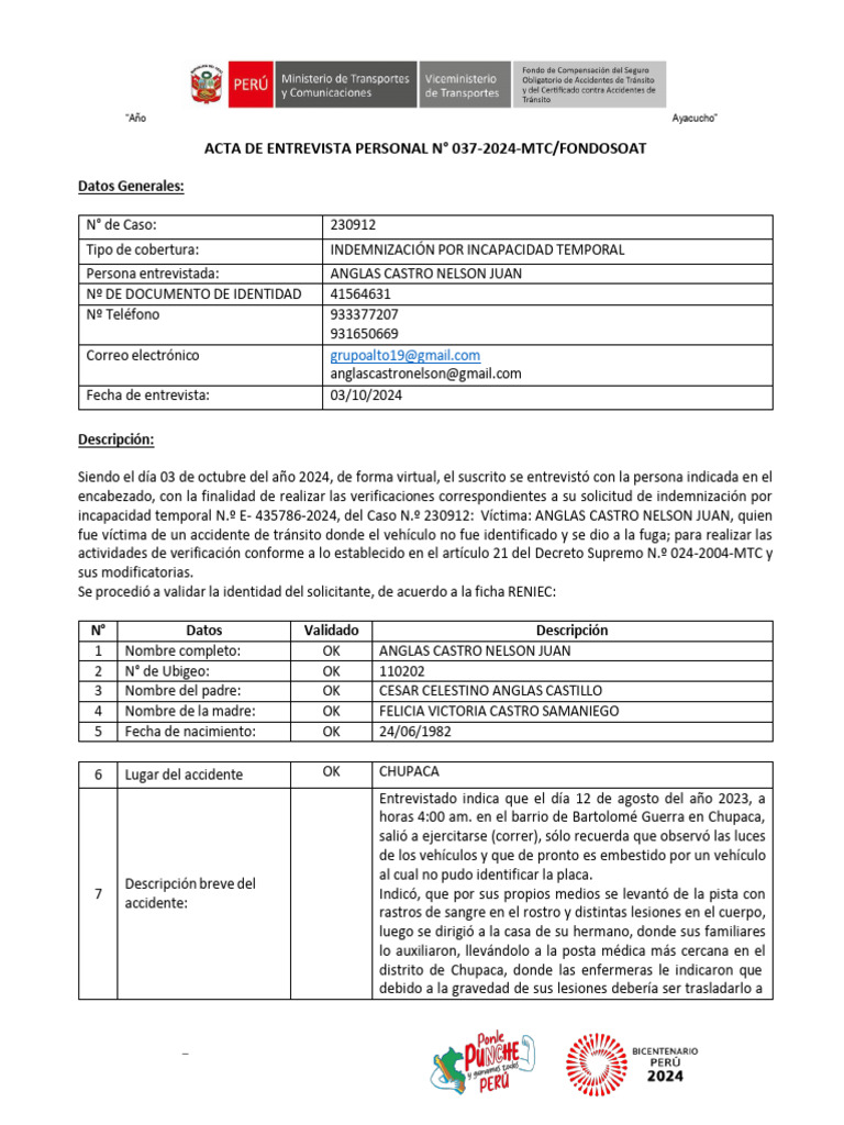 ACTA DE ENTREVISTA PERSONAL N°037-2024 Caso 230912 - ANGLAS CASTRO NELSON JUAN | PDF