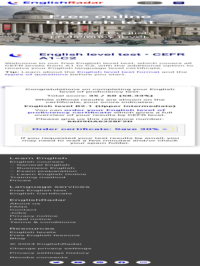 English level test (A1-C2) • Online English test EnglishRadar | PDF