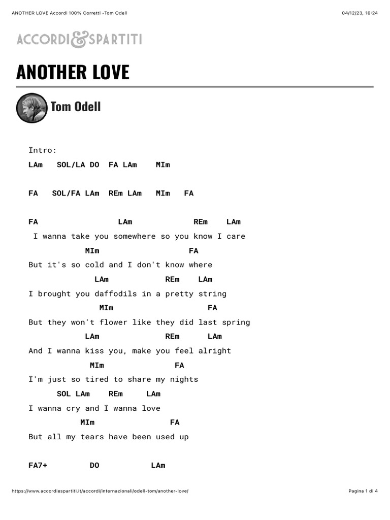ANOTHER LOVE Accordi 100% Corretti - Tom Odell | PDF