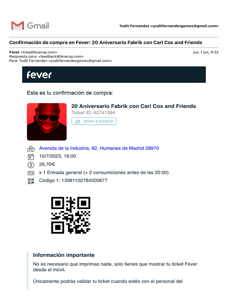 Confirmación de Compra en Fever: 20 Aniversario Fabrik Con Carl Cox and Friends | PDF