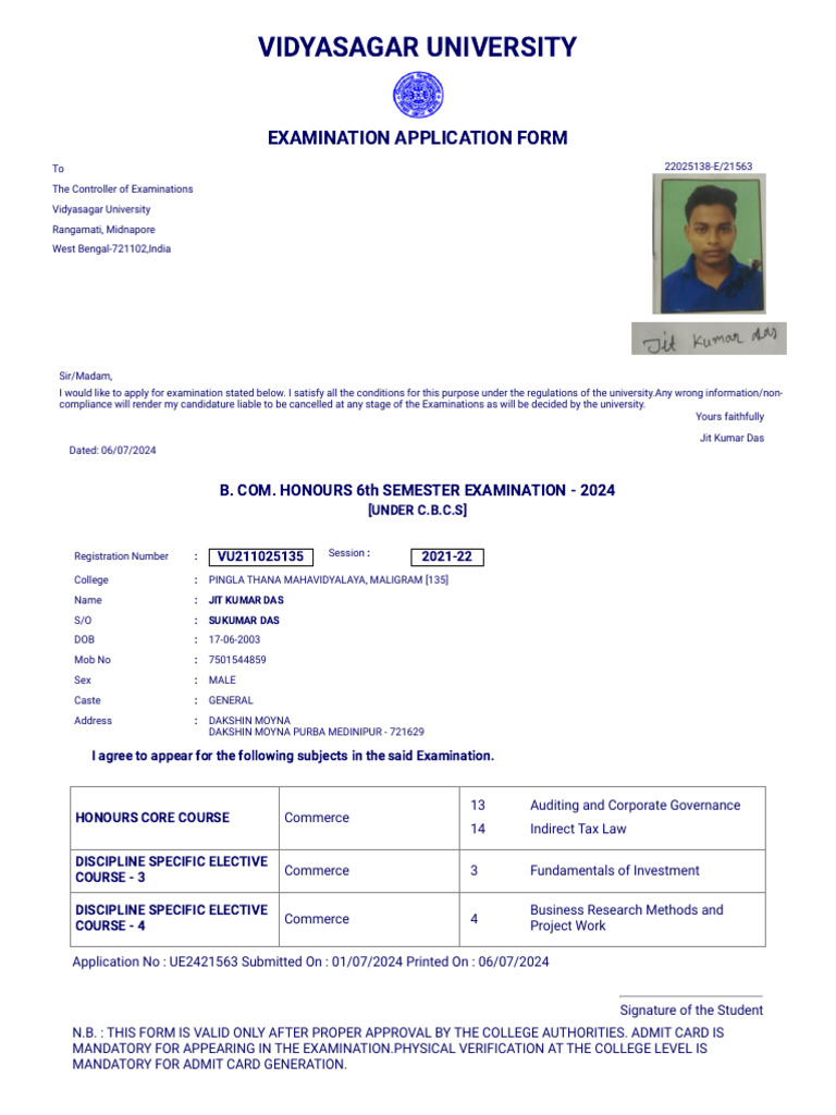 6th Semester Exam Form Submission 2024 | PDF