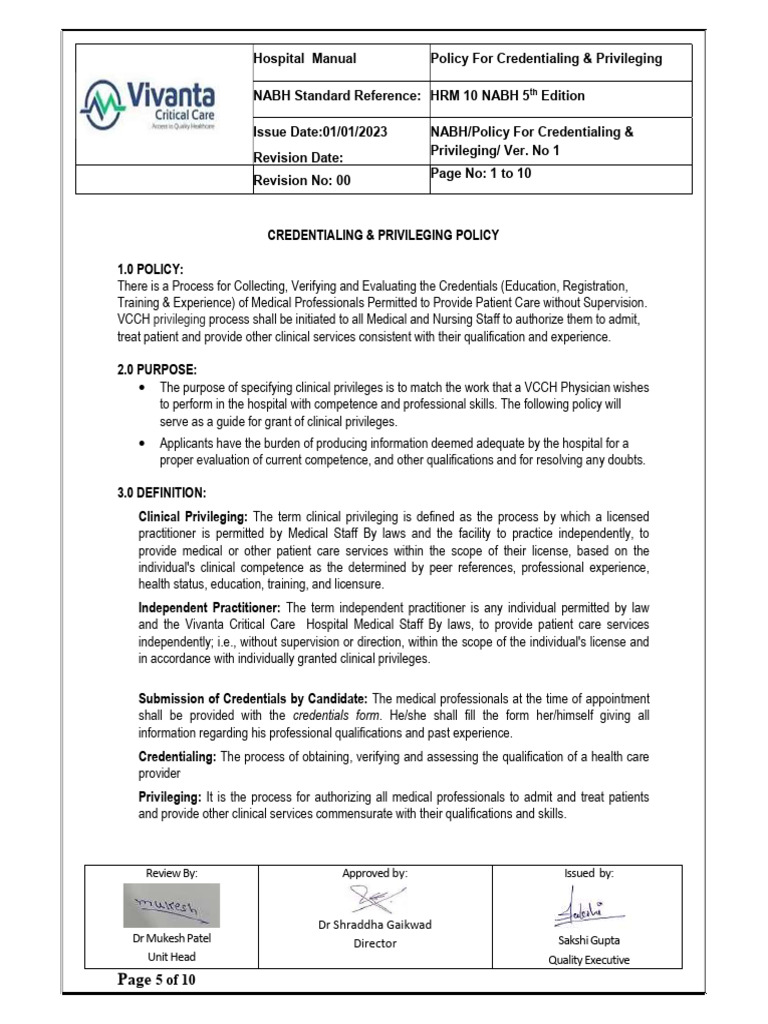 Policy For Credentialing & Privileging | PDF