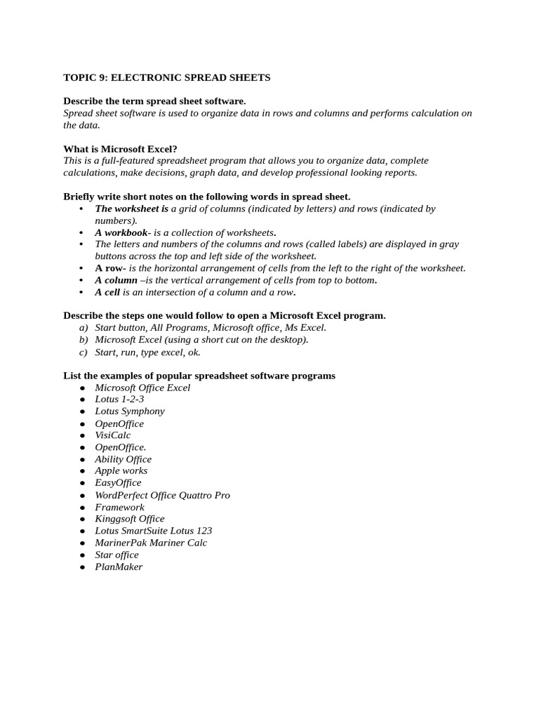 a level ELECTRONIC SPREAD SHEETS | PDF