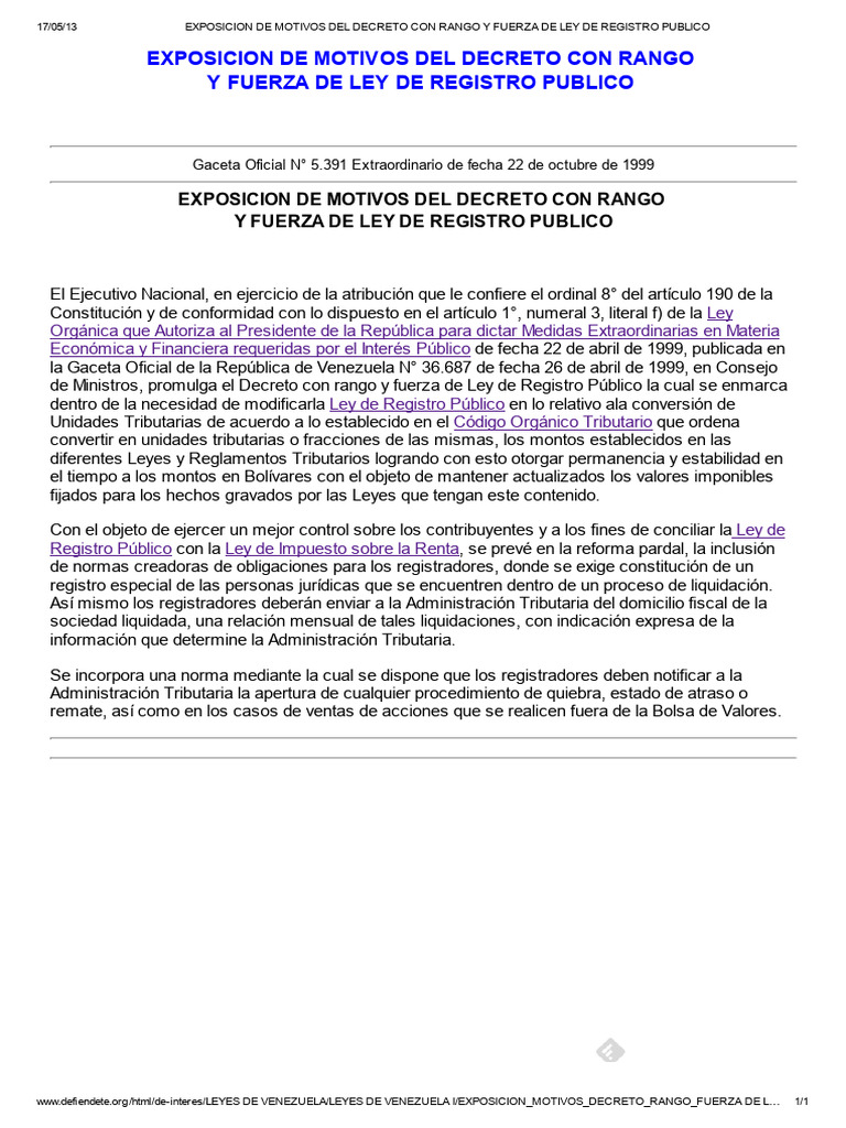 Exposicion de Motivos Del Decreto Con Rango y Fuerza de Ley de Registro Publico | PDF