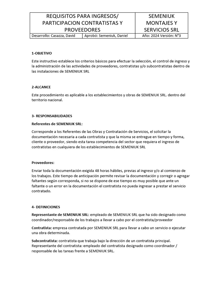 Requisitos para Ingreso y Participacion de Contratistas y Proveedores SEMENIUK SRL | PDF