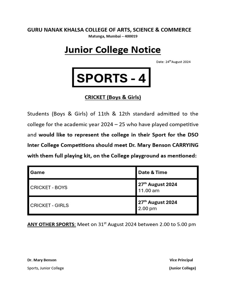 Junior College Sports Trials Notice 2024 | PDF | Sports | Multi Sport ...