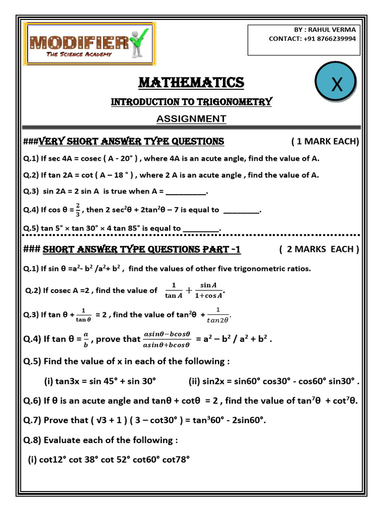Assignment - Introduction To Trigonometry Class 10th Maths | PDF | Trigonometry | Trigonometric ...