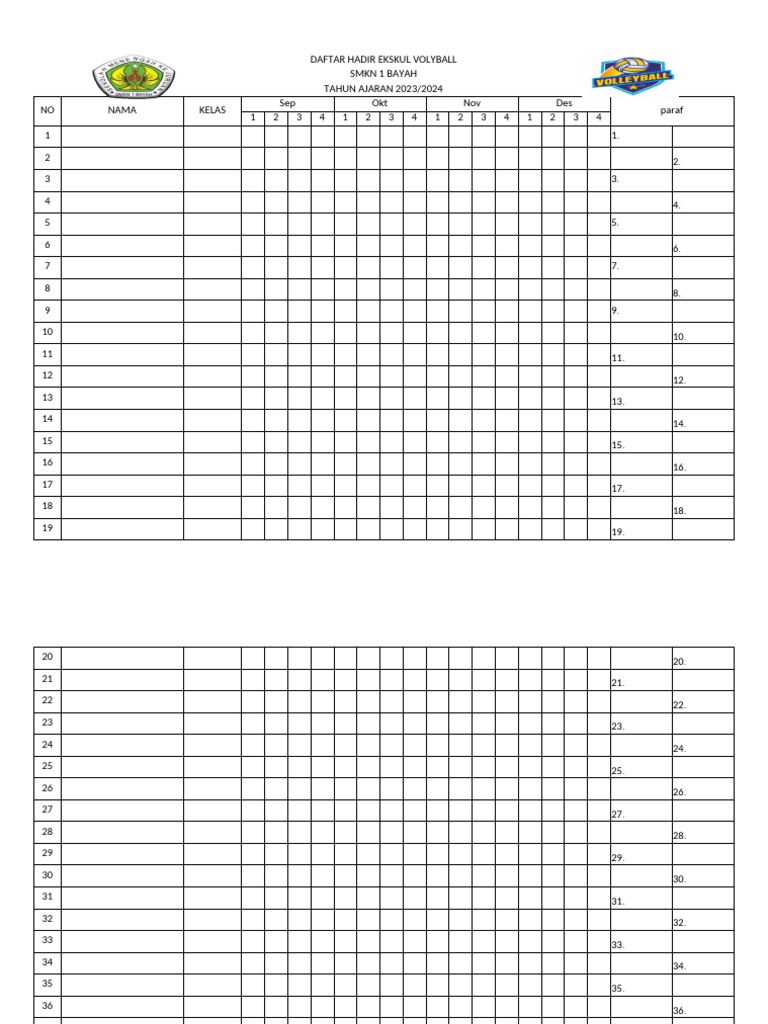 Daftar Hadir Ekskul Voly | PDF
