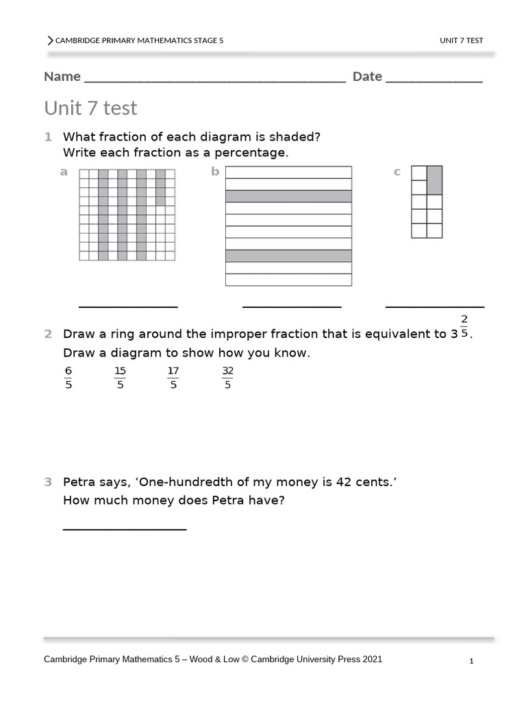 Prim Maths 5 2ed TR Unit 7 Test | PDF