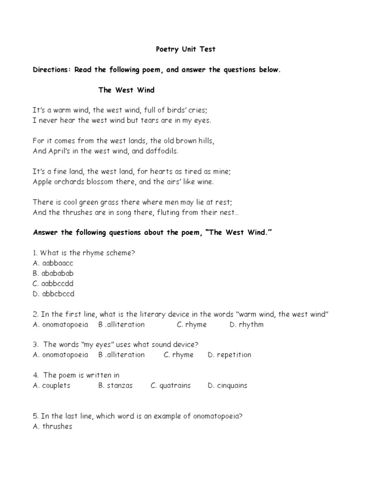 Poetry Unit Test | PDF | Rhyme | Literary Theory
