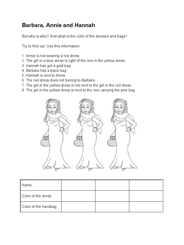 Dress and Bag Color Puzzle Solution | PDF | Clothing | Softlines (Retail)