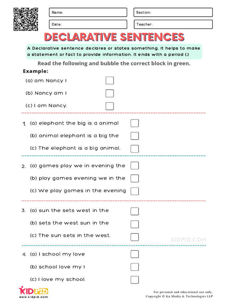 Declarative Sentence Free Printable Worksheets For Grade 1 | PDF
