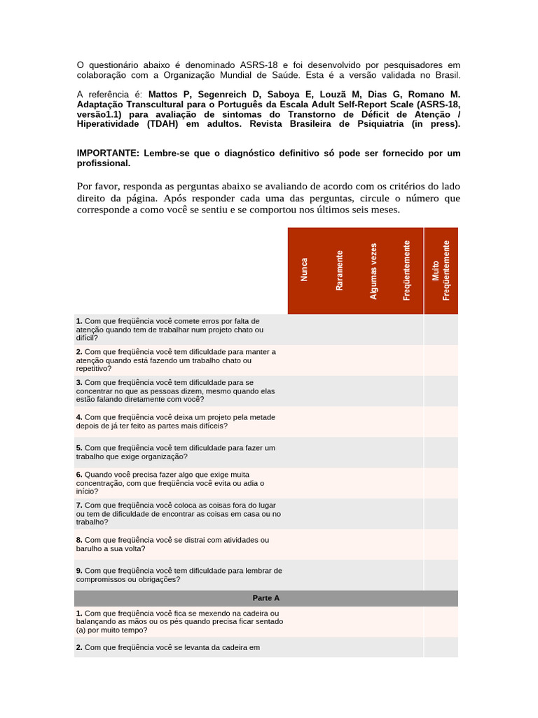 Questionário TDAH | PDF | Transtorno de déficit de atenção e ...