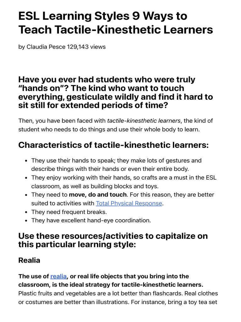 Nine Ways To Teach Tactile Kinaesthetic Learners | PDF