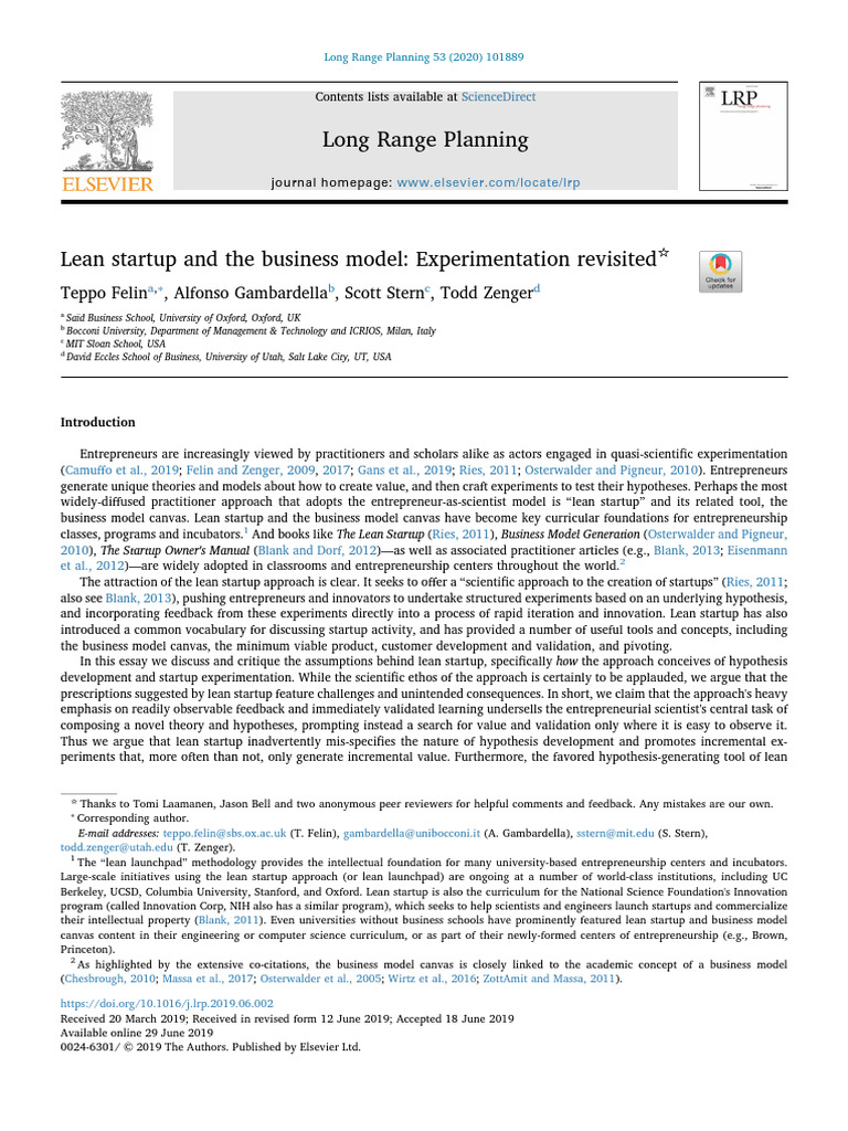 Lean Startup and The Business Model Experimentation R - 2020 - Long ...