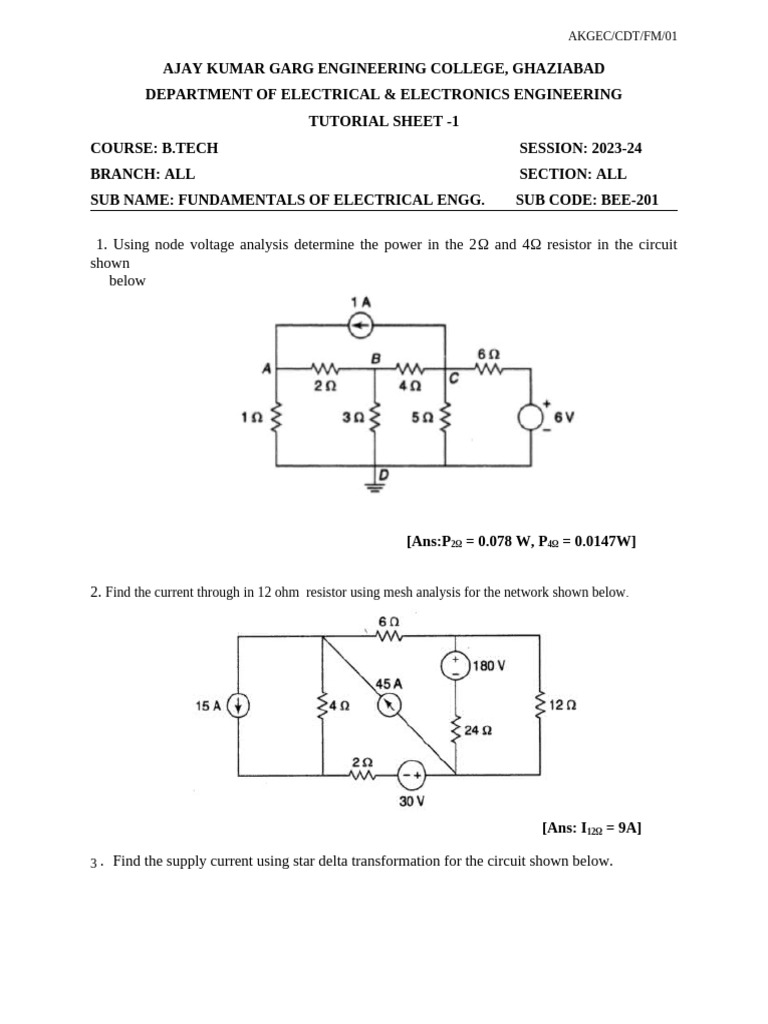 Tutorial Sheet 1 BEE-101 | PDF | Electrical Network | Electronic Engineering