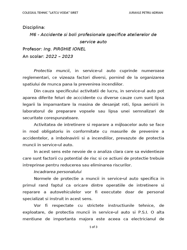 M6 - Accidente Si Boli Profesionale Specifice Atelierelor de Service ...