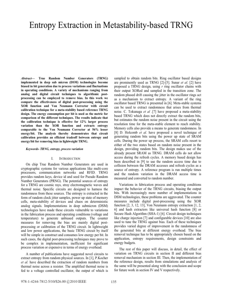 Entropy Extraction in Metastability-Based TRNG | PDF