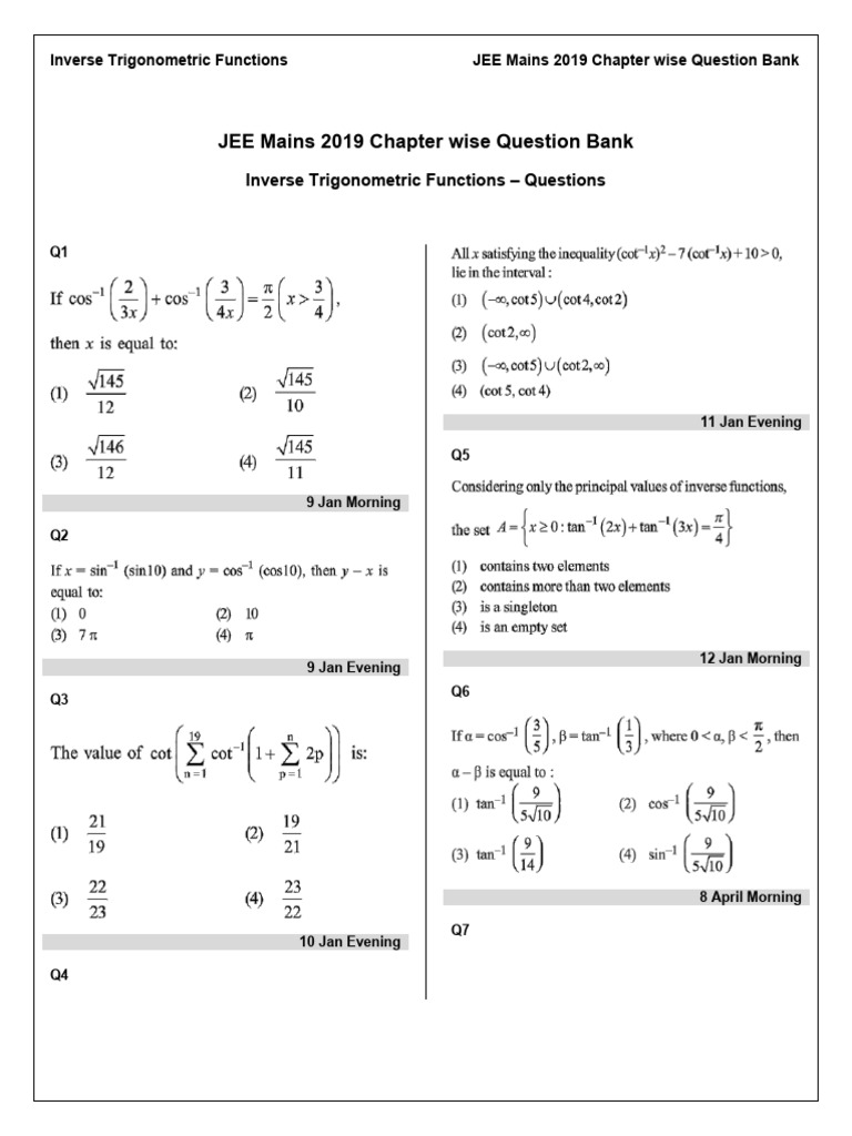 JEE Mains Inverse Trigonometry Questions | PDF | Trigonometric ...
