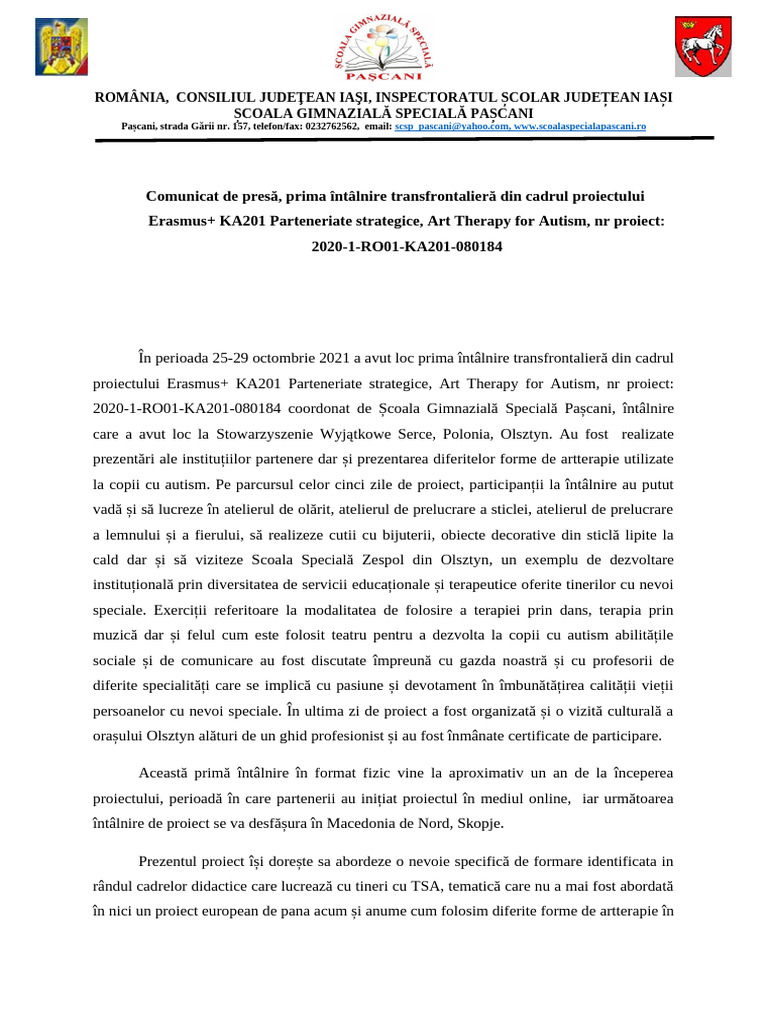 Comunicat de Presa Polonia Proiect Erasmus Art Therapy For Autism | PDF