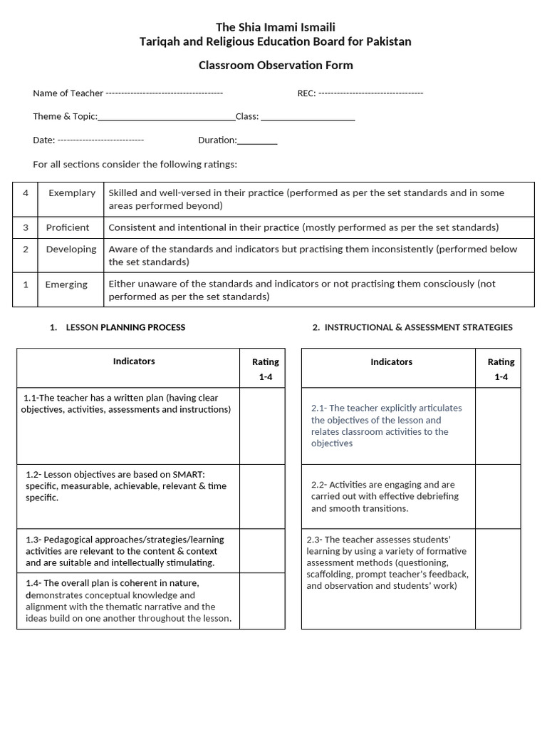 Classroom Observation Form-Shorter Version | PDF