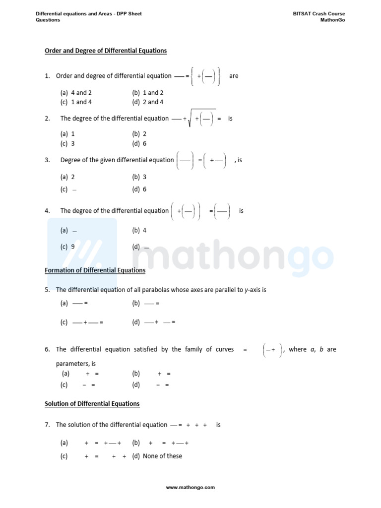 Solution Differential Equations and Areas Sheet MathonGo BITSAT | PDF