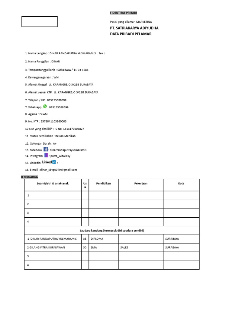 Form Data Pelamar | PDF