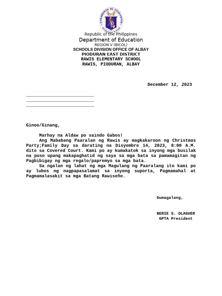 Christmas Party Solicitation Letter | PDF