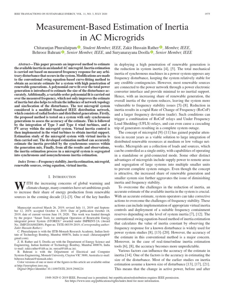 Measurement Based Estimation Of Inertia In Ac Microgrids Pdf